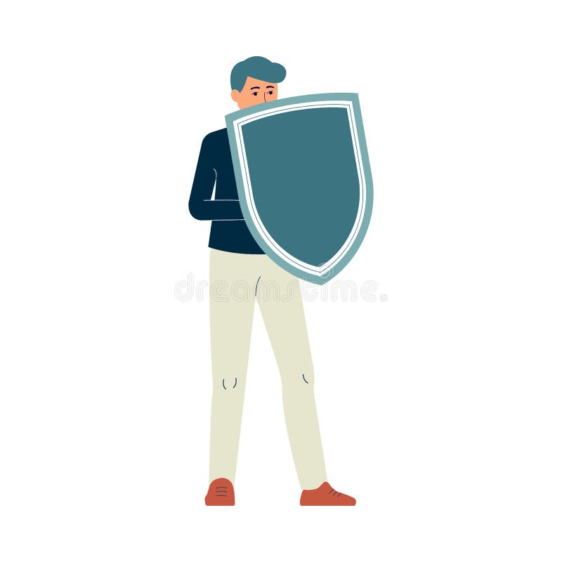 Man Standing Full Length and Holding Shield, Flat Vector Illustration ...