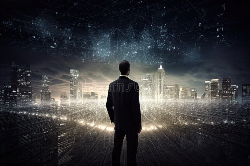Man, Standing in Computer Network Cityscape Stock Illustration ...