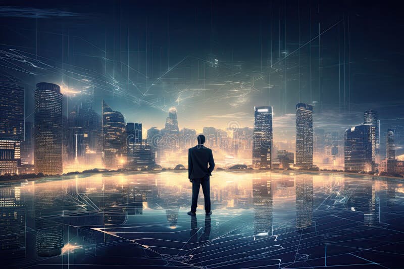Man, Standing in Computer Network Cityscape Stock Illustration ...