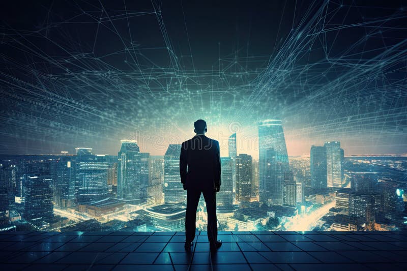 Man, Standing in Computer Network Cityscape Stock Illustration ...