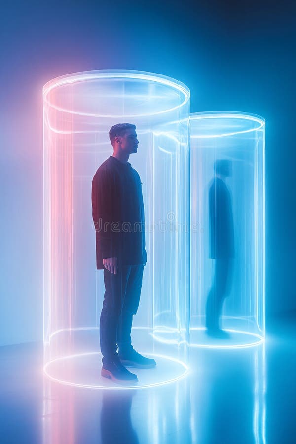 Man Standing in Futuristic Neon Cylinders with Reflection in ...