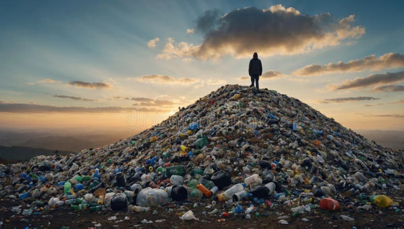 Man Standing on Garbage Hill Contemplating Pollution Under Dramatic ...