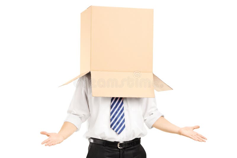 Man Standing and Gesturing with a Cardboard Box on His Head Stock Image ...