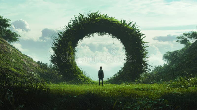 Man Standing before Giant Overgrown Ring in Lush Field Stock ...
