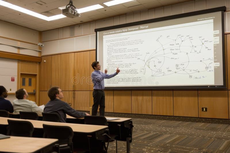 A Man Standing and Giving a Lecture in Front of a Large Projection ...