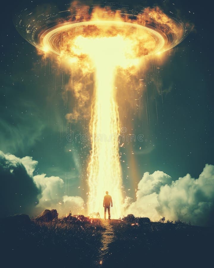 Man Standing before Glowing Vortex in Cloudy Sky, Alien Invasion ...