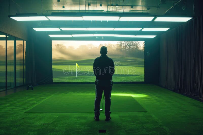 A Man Standing in a Golf Simulator Room with a Green Artificial Turf ...