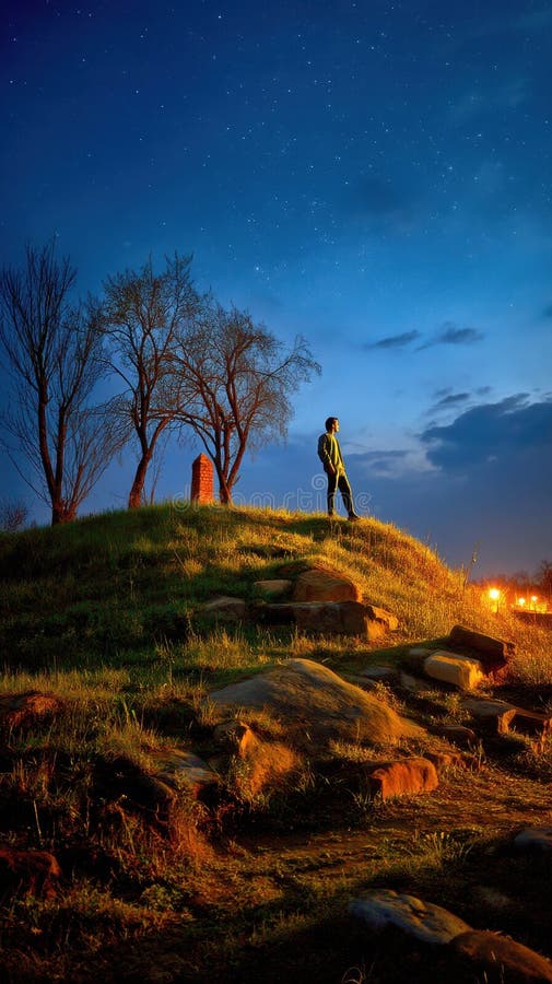 Man Standing on a Grassy Hill Looking at Starry Night Sky during ...