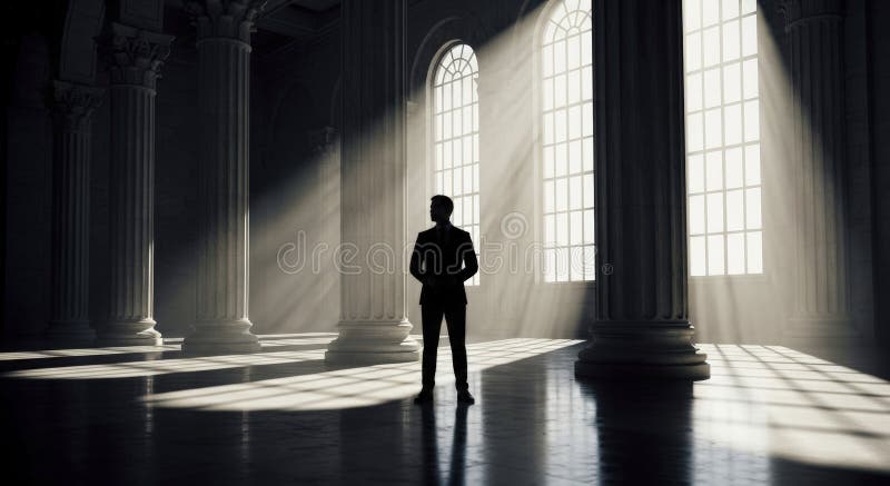 Man Standing in Hallway with Sunlight and Columns Stock Illustration ...