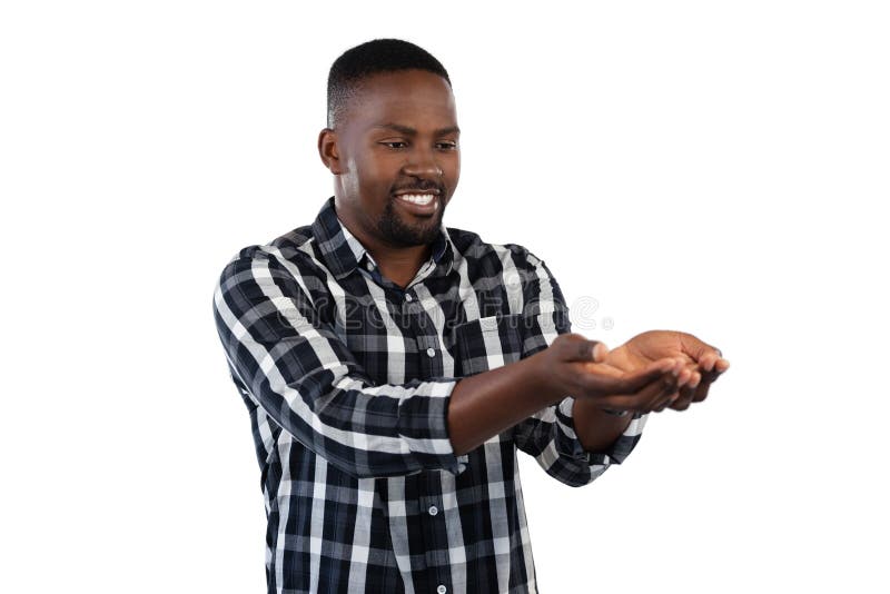 Man Standing With Hands Cupped Against White Background Stock Image ...