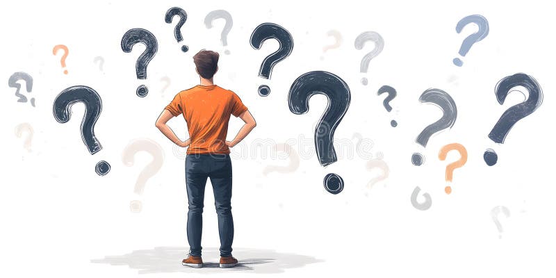 Man Standing with Hands on Hips, Looking at Question Marks Stock ...