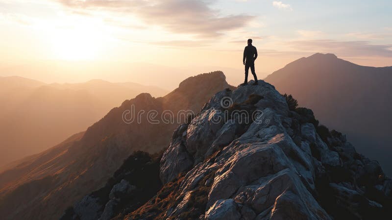 Man Standing on High Mountain at Dawn Stock Image - Image of success ...