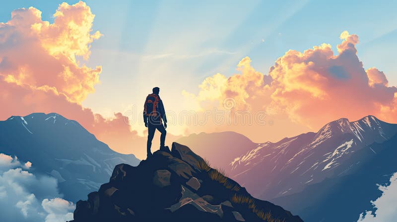 Man Standing on High Mountain at Dawn Stock Illustration - Illustration ...
