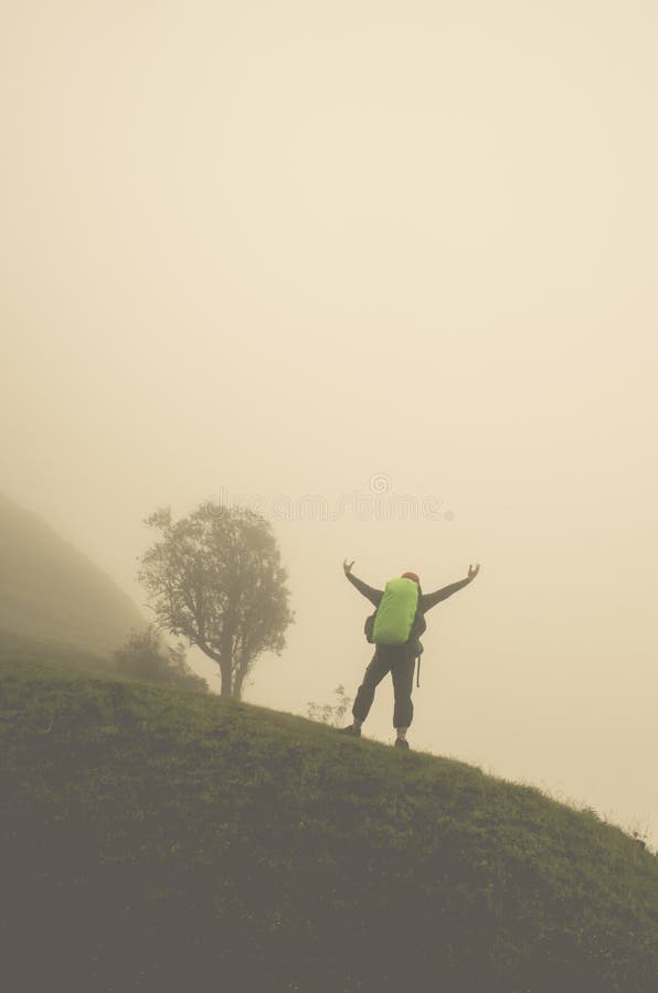 Man Standing on Hill with Fog Stock Photo - Image of fantasy, freedom ...