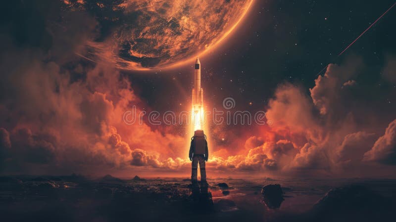 Man Standing on Hill Next To Rocket, Preparing for Launch Stock Photo ...