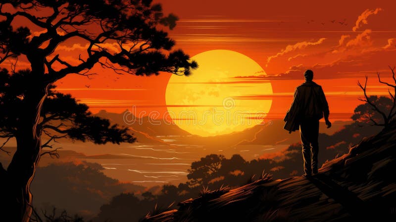 A Man is Standing on a Hill Overlooking the Sunset, AI Stock ...