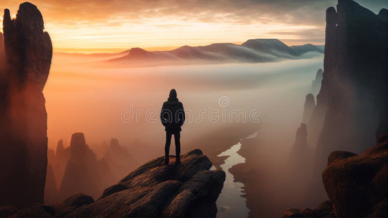 Man Standing Hill at Sunset Stock Illustration - Illustration of rock ...