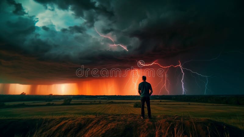Man Standing with His Back Looking at the Colorful Lightning ...