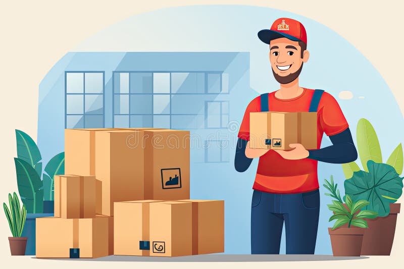 A Man Standing and Holding a Box in Front of a Stack of Boxes. Stock ...