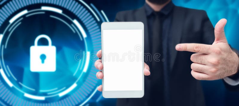 Man Standing Holding Tablet and Pressing on Virtual Button. Business ...