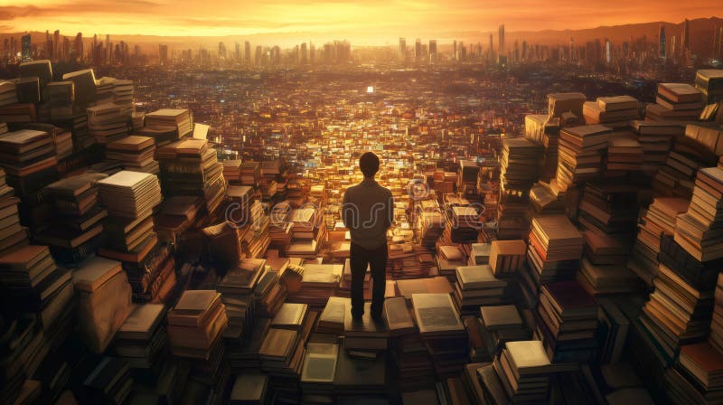 Man Standing on Infinite Library Looking at City at Sunset Stock ...