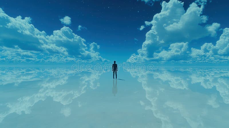 Man Standing on Infinite Mirror Reflecting Clouds and Sky Stock Photo ...