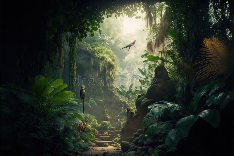 A Man Standing in a Jungle with a Bird Flying Over Him and a Bird ...