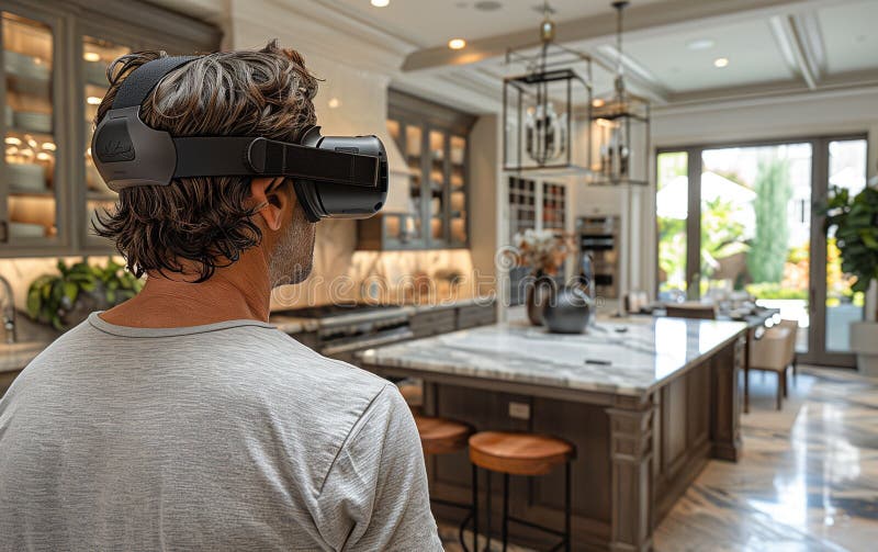 Man Wearing Virtual Reality Headset in a Kitchen. Generative AI Stock ...
