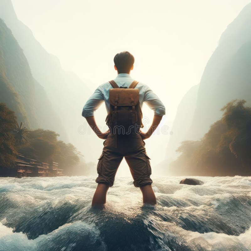 A Man Standing Knee-deep in a Flowing River. Stock Image - Image of ...