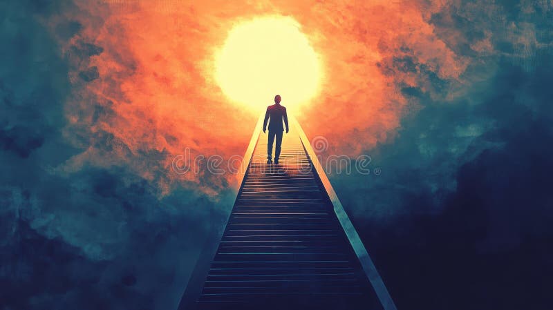 Man Standing on a Ladder Reaching Towards a Bright Sun in the Sky Stock ...