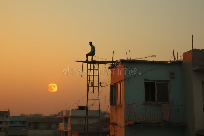 A Man is Standing on a Ladder on Top of a Building Stock Illustration ...