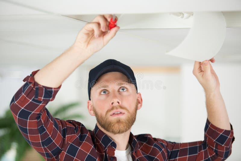 Man working on ceiling stock photo. Image of woodconstruction - 282709648