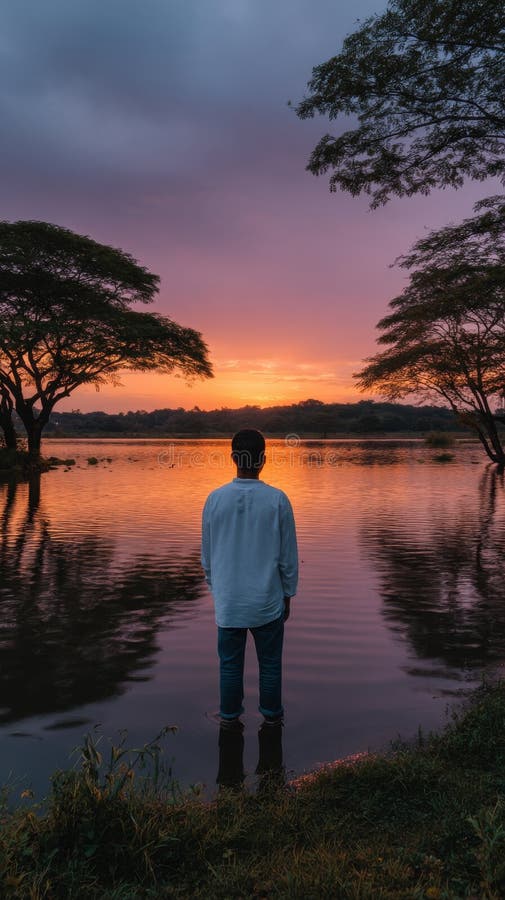 Man Standing in Lake at Sunset with Reflections and Trees Looking at the Sky Stock Photo - Image ...
