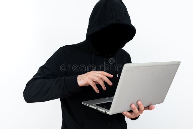 Man Standing with Laptop Presenting Cyber Security. Businessman ...