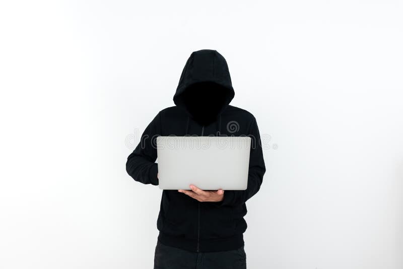 Man Standing with Laptop Presenting Cyber Security. Businessman ...