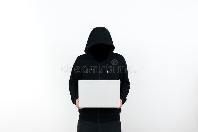 Man Standing with Laptop Presenting Cyber Security. Businessman ...
