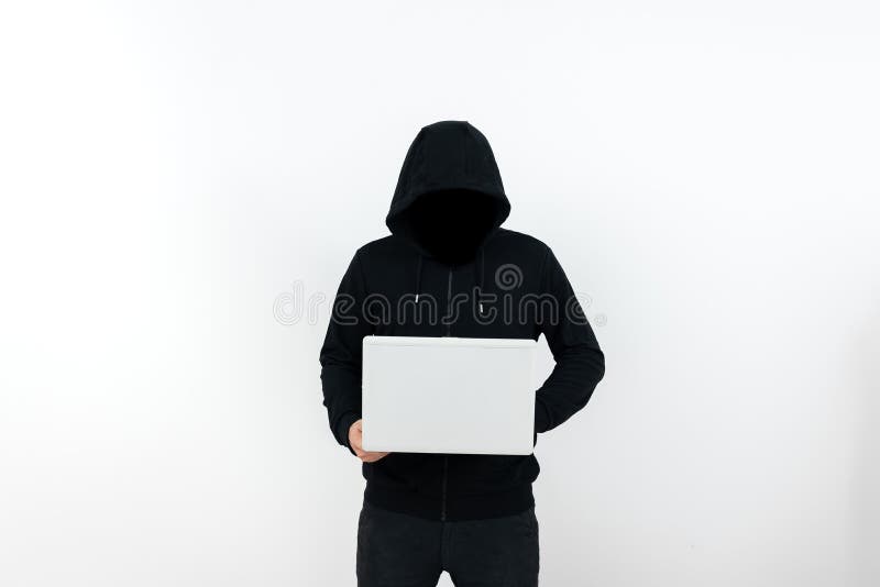 Man Standing with Laptop Presenting Cyber Security. Businessman ...