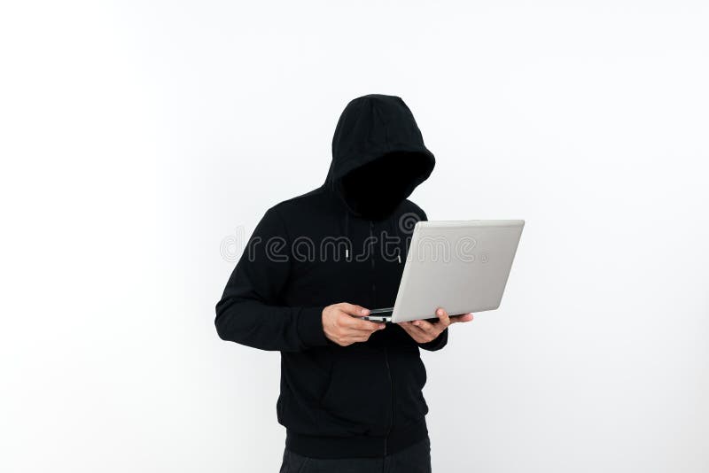 Man Standing with Laptop Presenting Cyber Security. Businessman ...