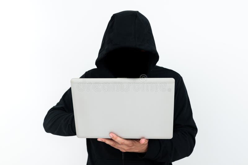 Man Standing with Laptop Presenting Cyber Security. Businessman ...