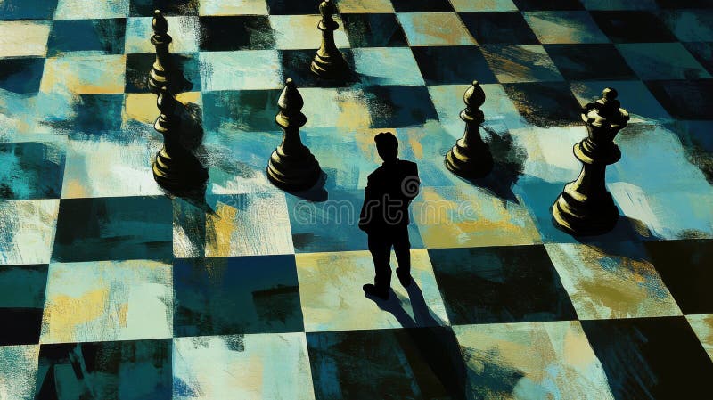 A Man Standing on a Large Chess Board with a Complete Chess Set in a ...
