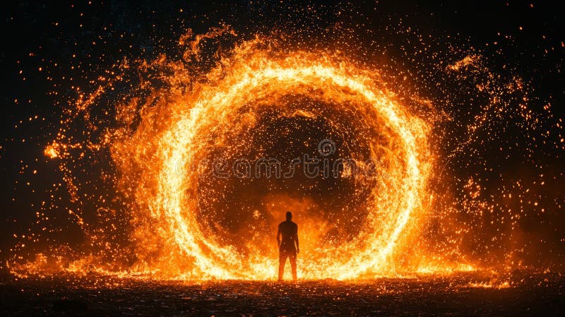 Man Standing before a Large Circular Ring of Fire Stock Image - Image ...