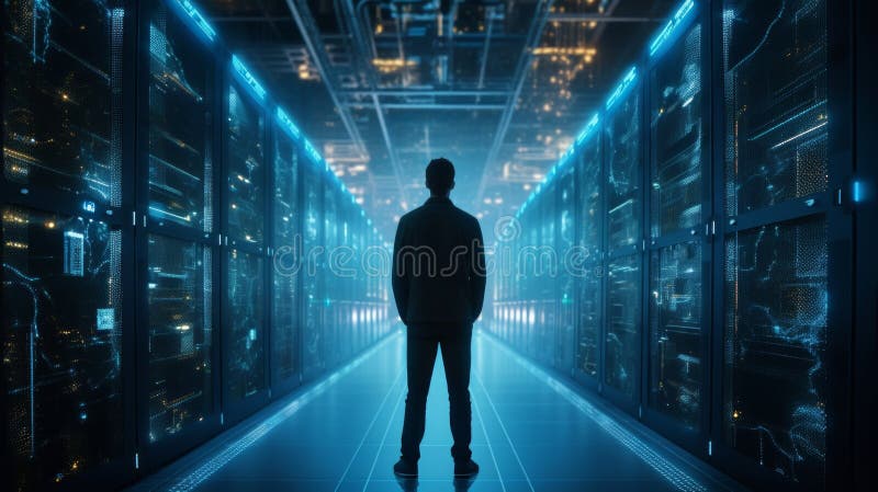 A Man Standing in a Large Data Center Stock Image - Image of connection ...