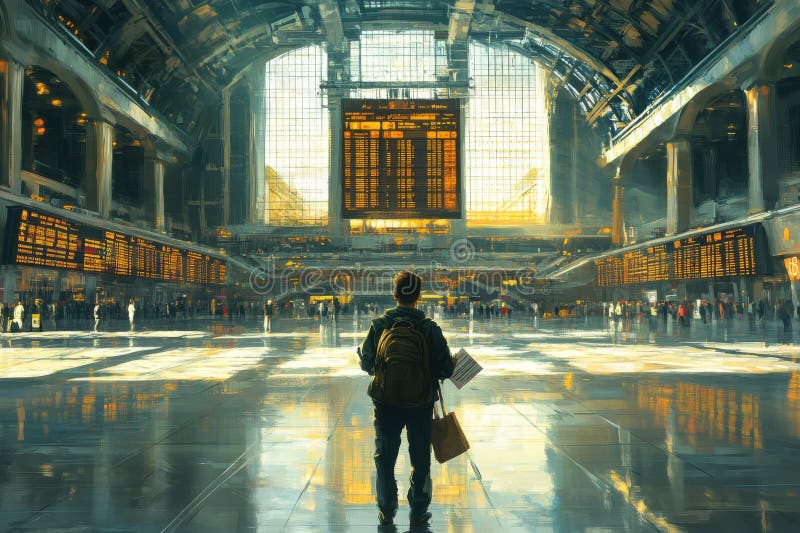 A Man is Standing in a Large, Empty Train Station with a Backpack Stock ...