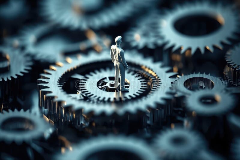 Man Standing on Large Group of Gears Symbolizing Project Management and ...