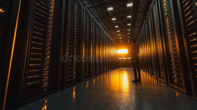 A Man is Standing in a Large Room with Many Computer Servers. the Room ...