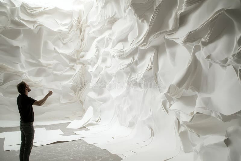 Man Standing before a Large, White, Sculpted Paper Installation Stock ...