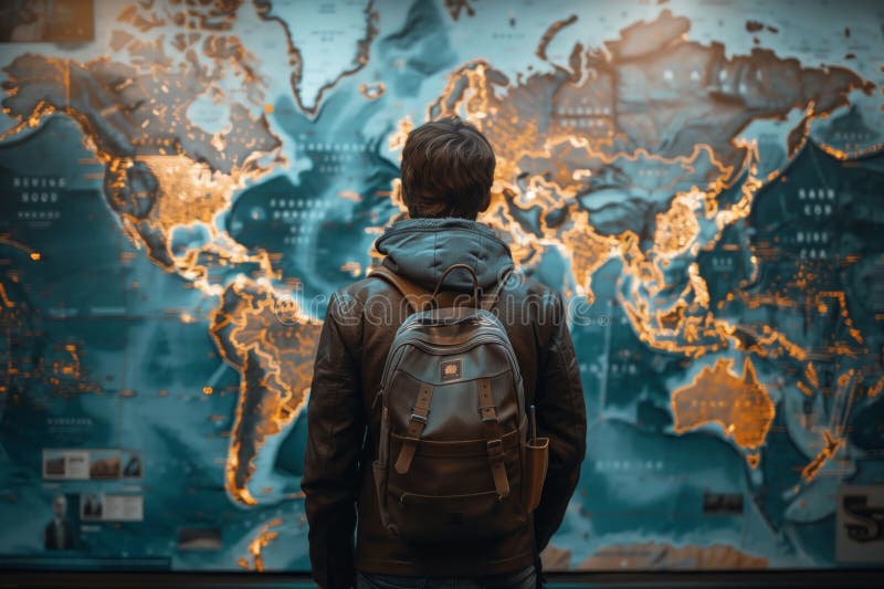 Man Standing before Large World Map with Backpack Stock Photo - Image ...