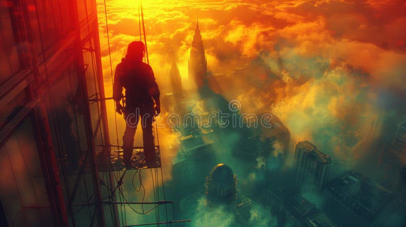A Man Standing on a Ledge Looking Out Over the City, AI Stock Photo ...