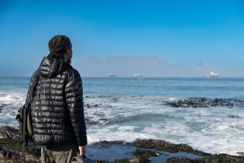 Rear View of Man Seen Standing and Looking at Table Mountain Stock ...