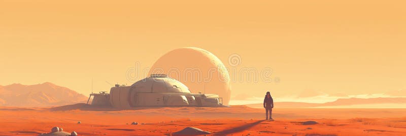 Man Standing on Mars Planet Suface with Artificial Colony Station Stock ...